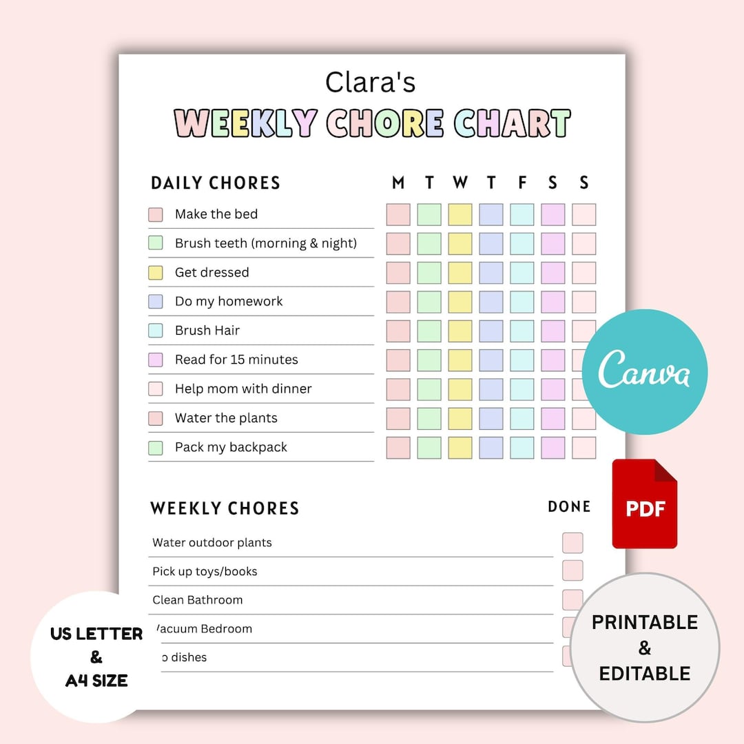 Weekly Chore Chart for Kids EDITABLE, Kids Daily Responsibility Chart ...