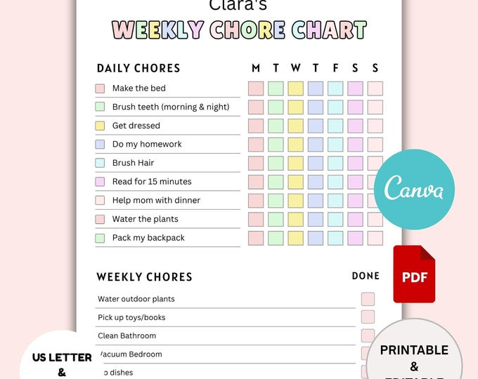 Editable Chore Chart for Kids | Printable | Kids Daily Weekly ...