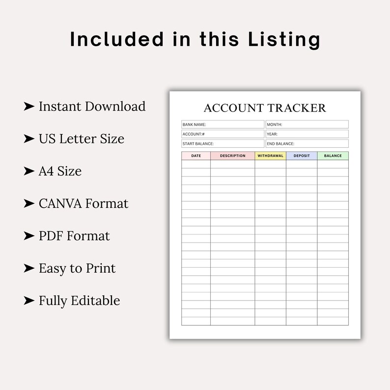 Editable Bank Balance Sheet, Printable Finance Log, Money Saving Sheet ...