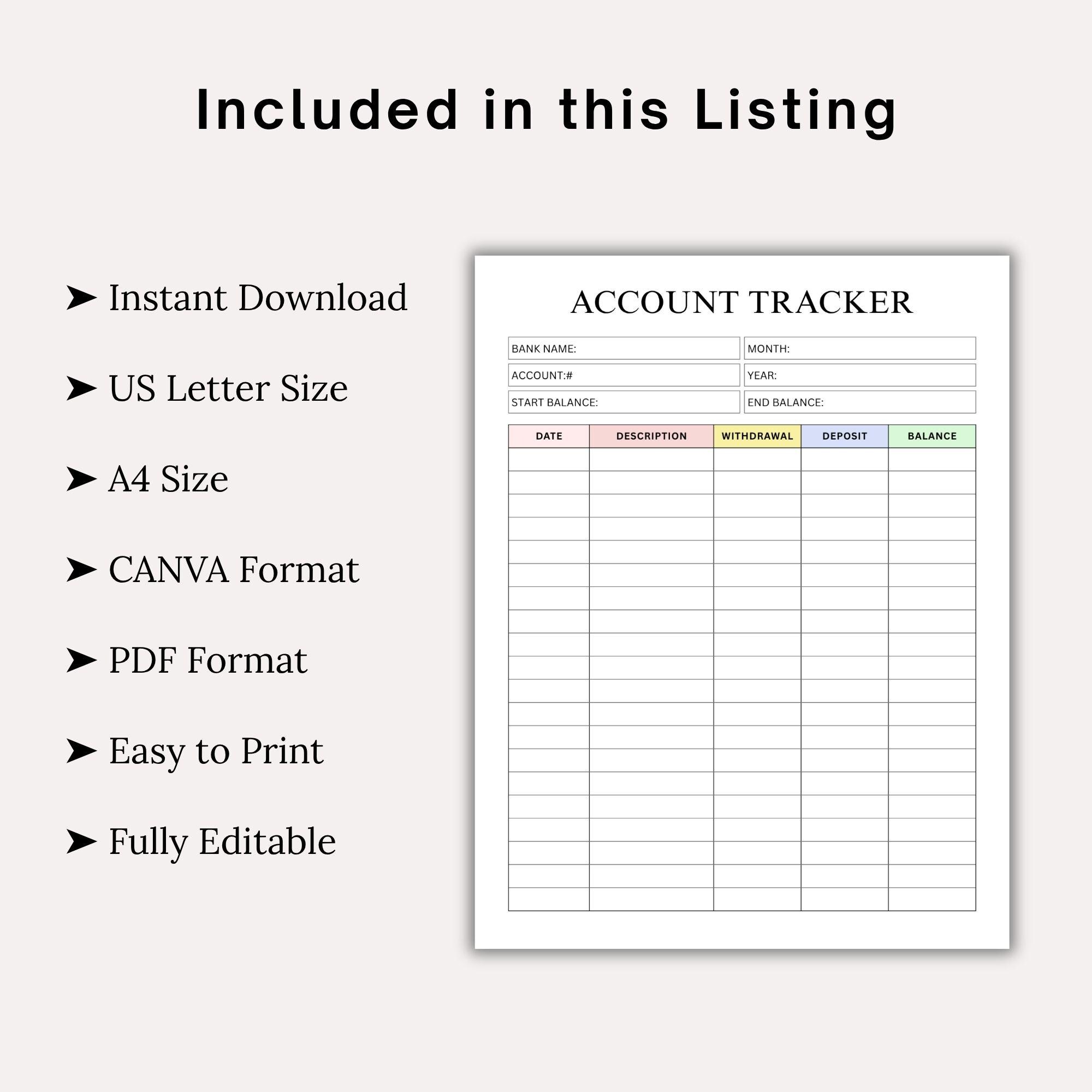 Printable Bank Balance Sheet: Finance Log, Savings Tracker (A4 & US ...