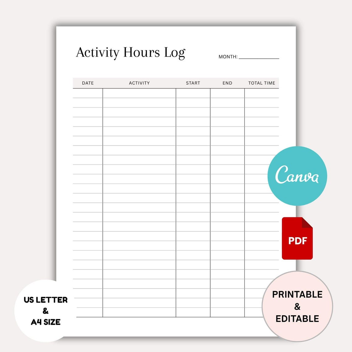 Work Hours Log Printable: Time Tracker, PDF & Canva Template - Etsy