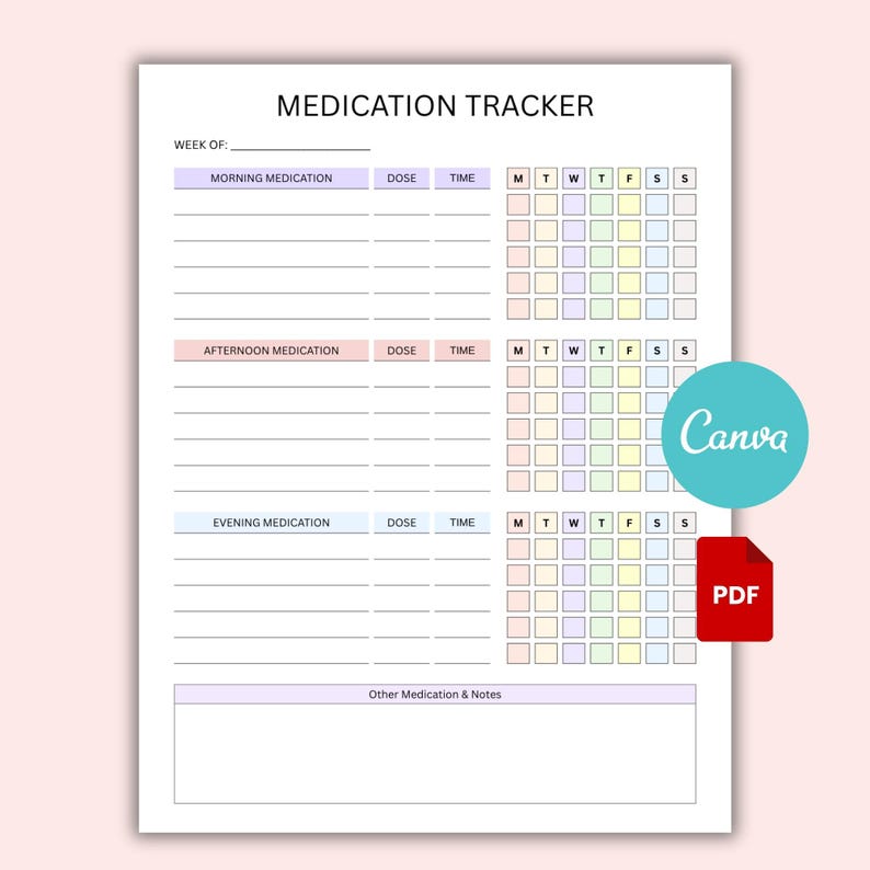 Weekly Medication Tracker | Daily Medication Log | Medicine Record | Health Tracking Sheet ...