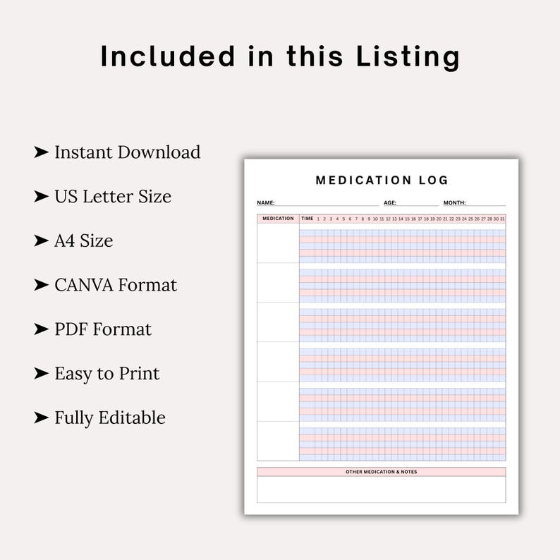 Medication Log Printable | Medicine Schedule | Weekly Medication Tracker | Medicine Log for ...