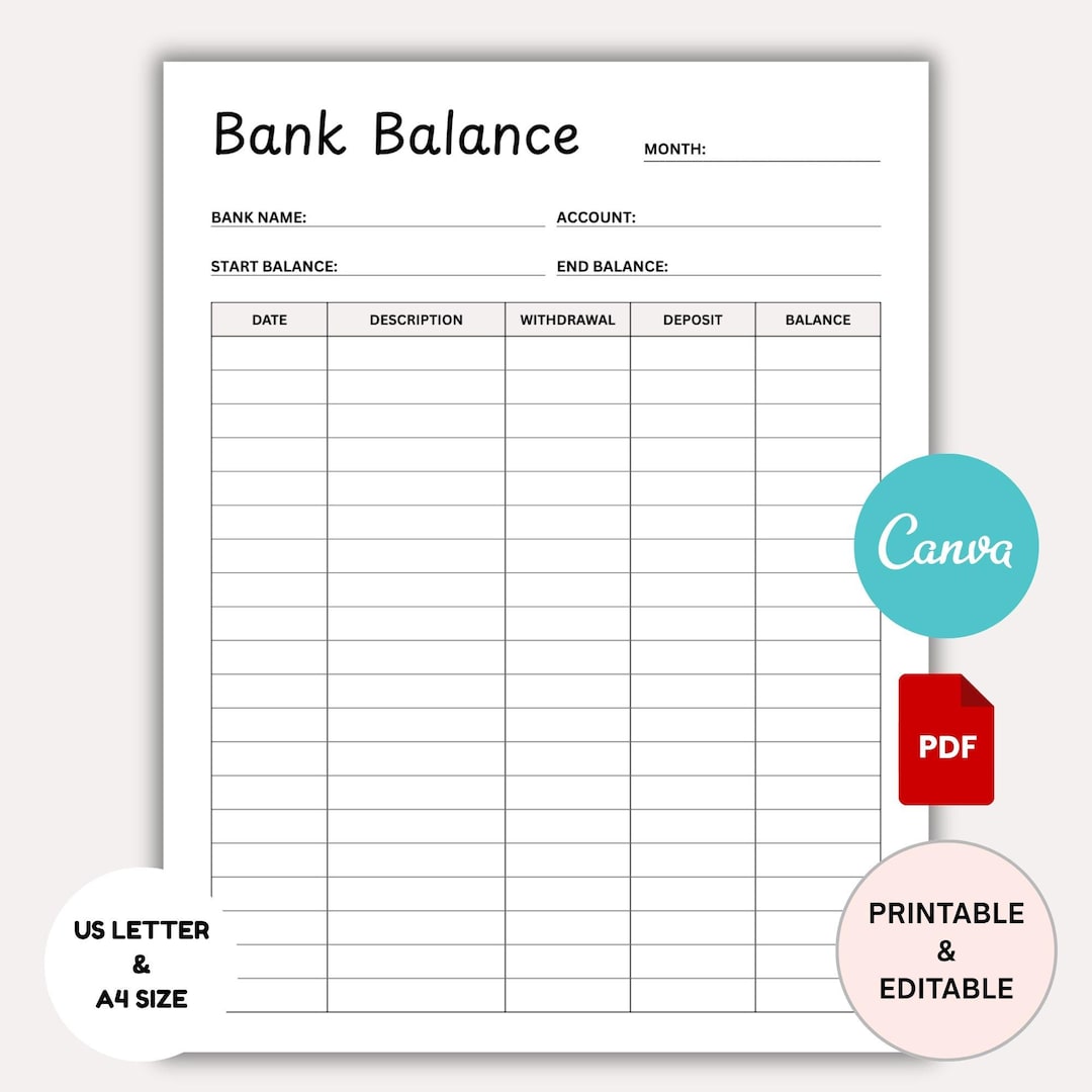 Bank Balance Sheet Printable, Bank Account Log, Finance Record, Savings ...