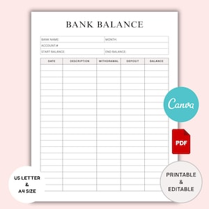 Printable Bank Balance Sheet | Banking Record | Finance Log | Money ...