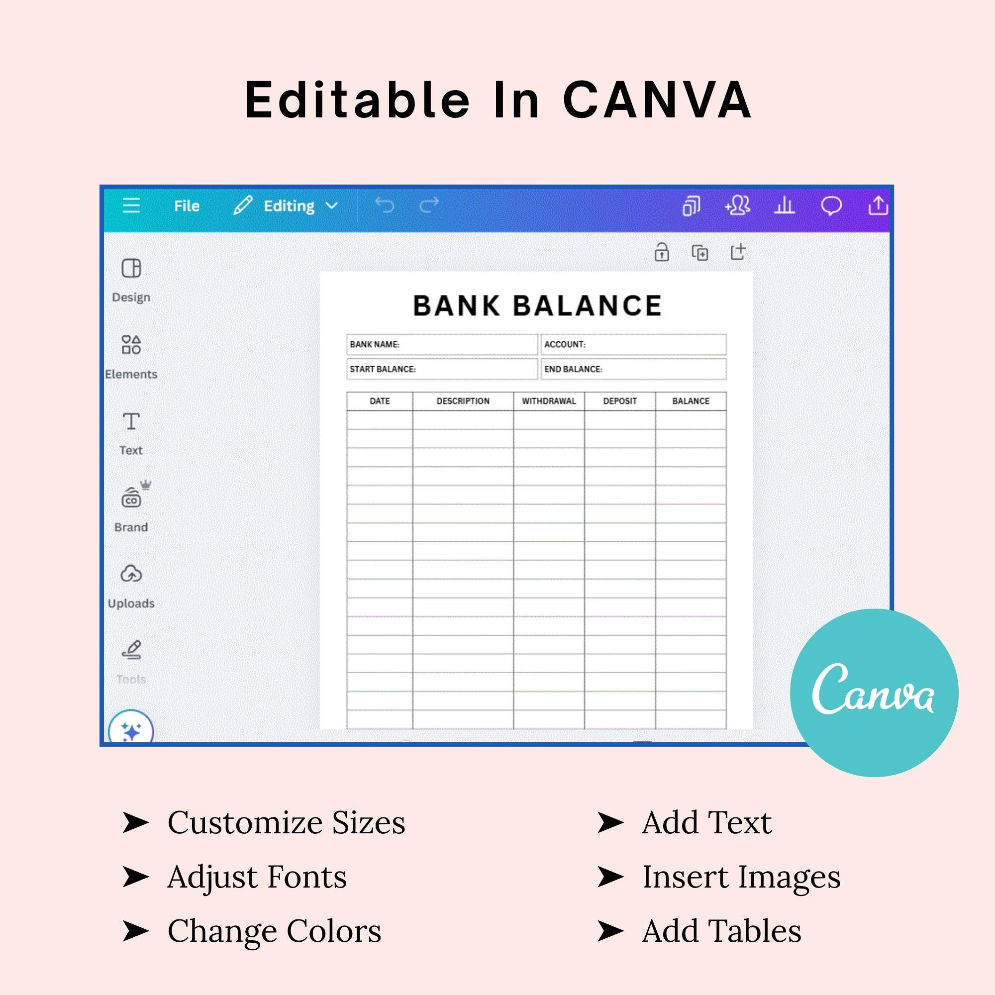 Printable Bank Balance Sheet, Savings Tracker, Banking Record, Finance ...