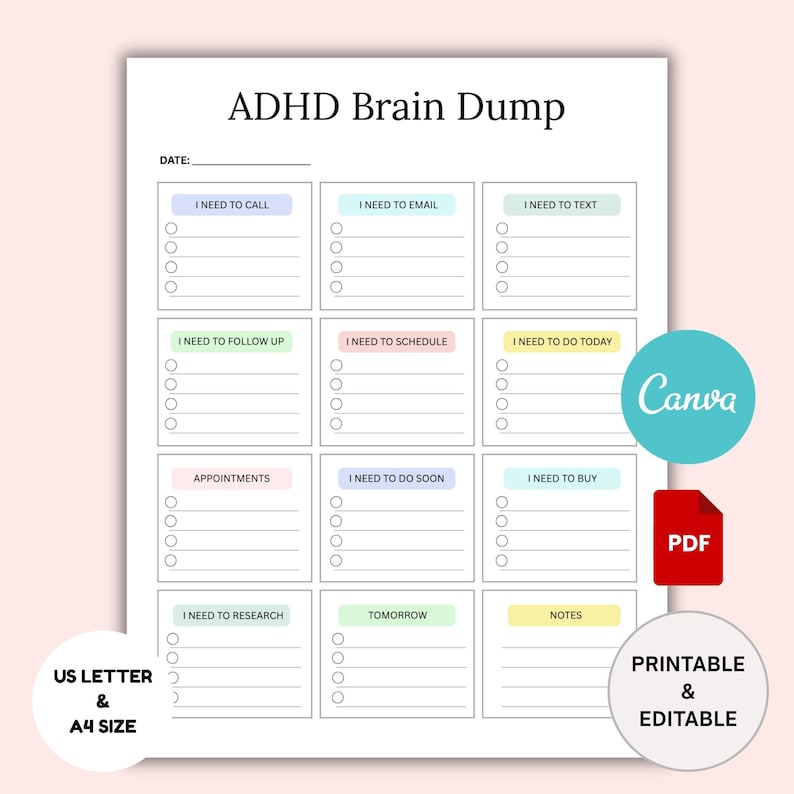Editable ADHD Brain Dump Template. ADHD Daily Planner. Productivity ...