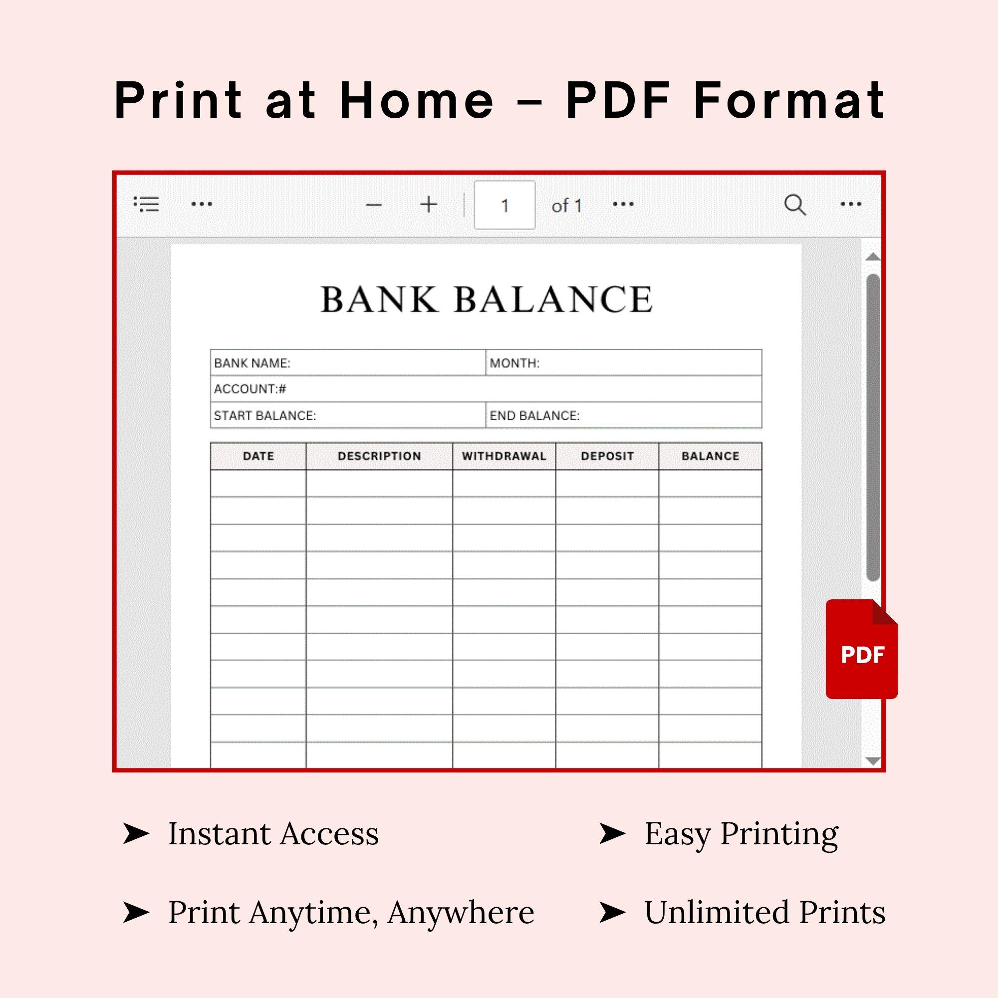 Printable Bank Balance Sheet: Finance Tracker (A4 & US Letter PDF) - Etsy