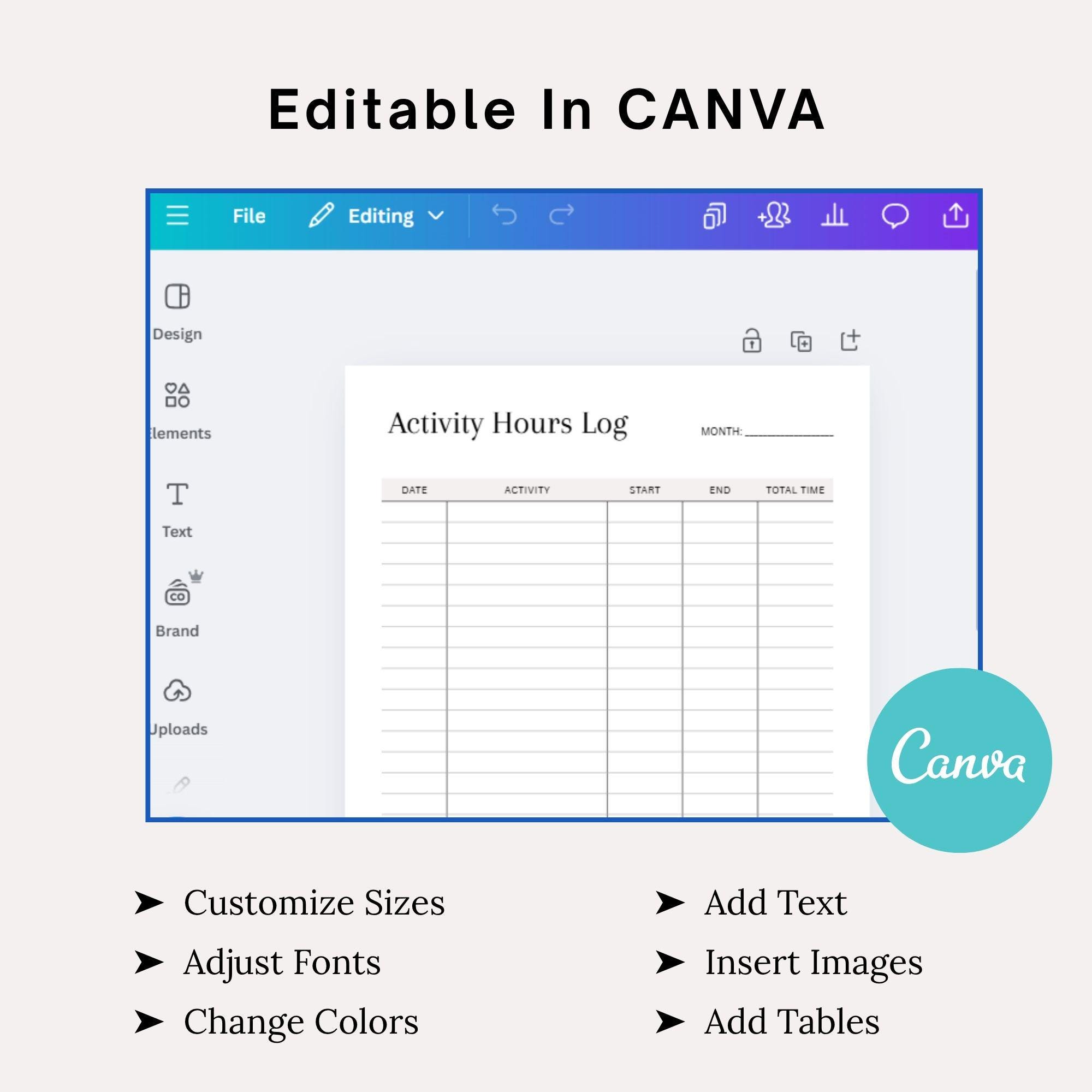 Work Hours Log Printable: Time Tracker, PDF & Canva Template - Etsy