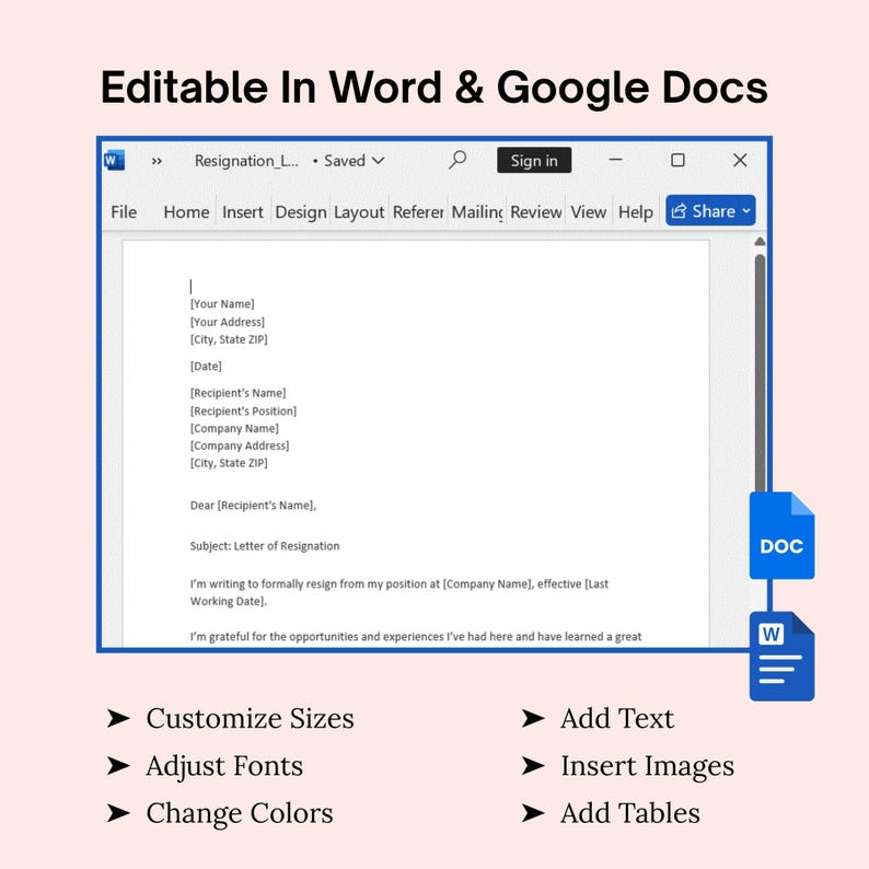 Professional Resignation Letter Template Editable | Notice Letter Form ...
