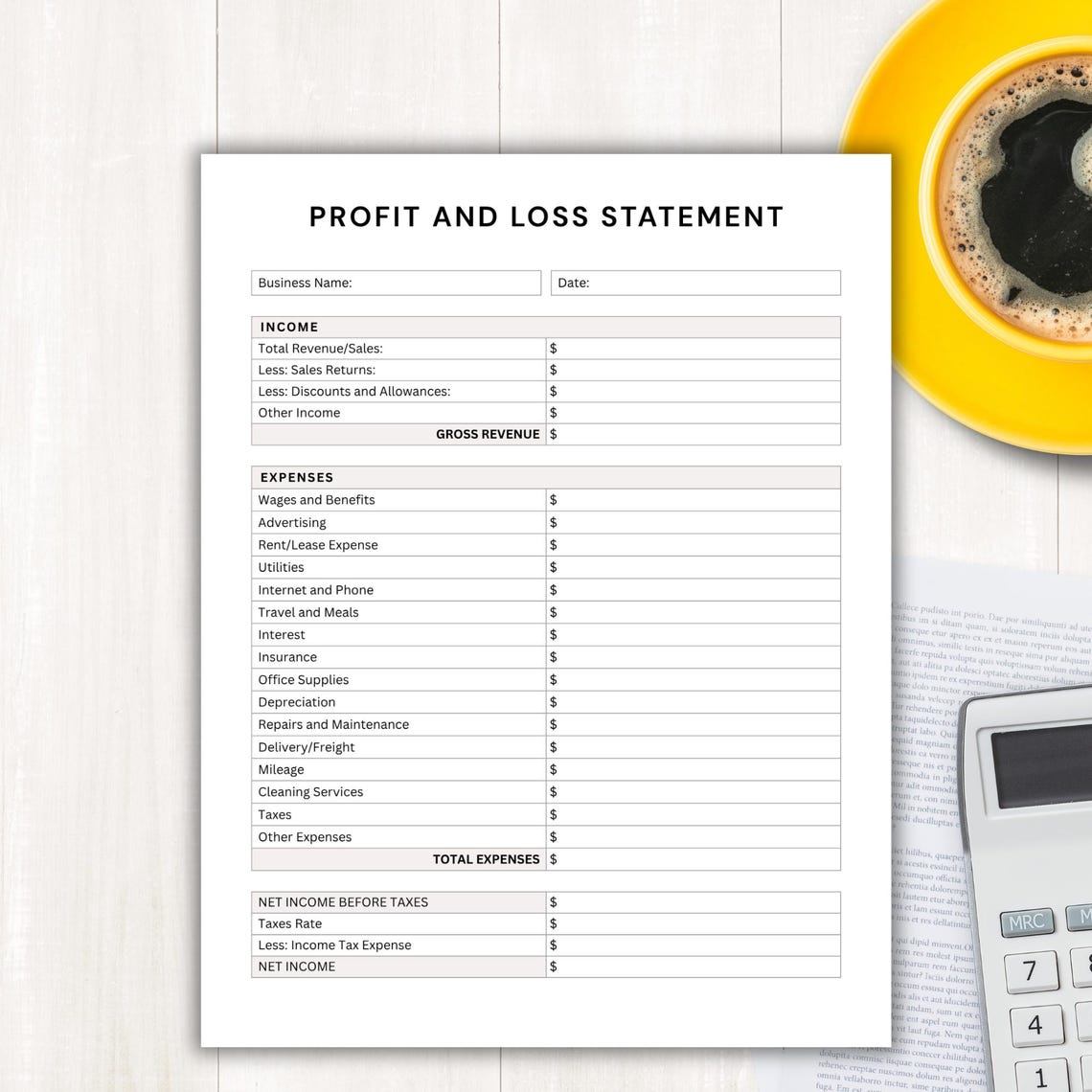Printable Profit and Loss Statement Template, Profit Calculator ...