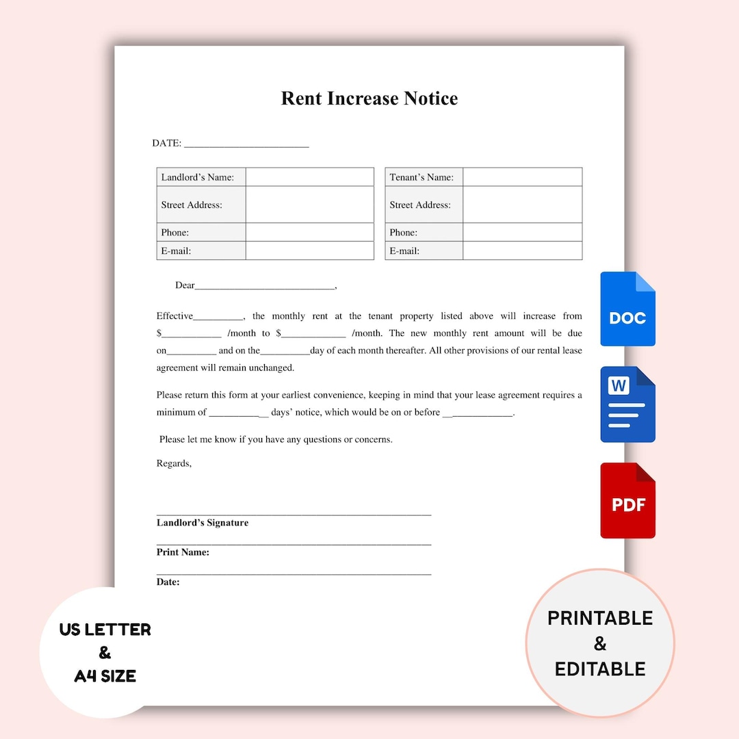 Editable Rent Increase Notice Template, Rental Increase Notice, Rent ...