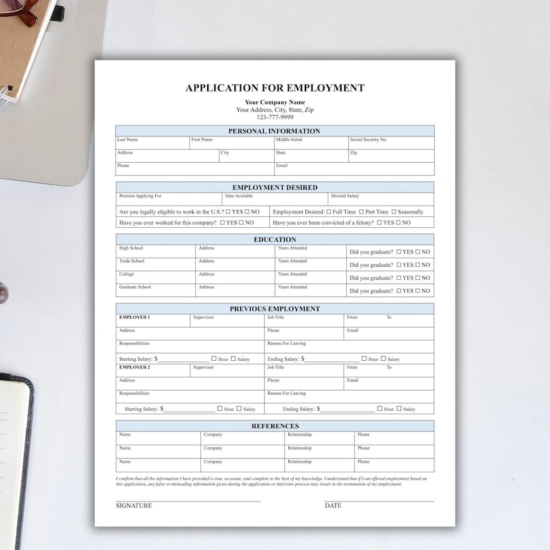 Application for Employment Form Editable | Job Application Template Printable | Employee ...