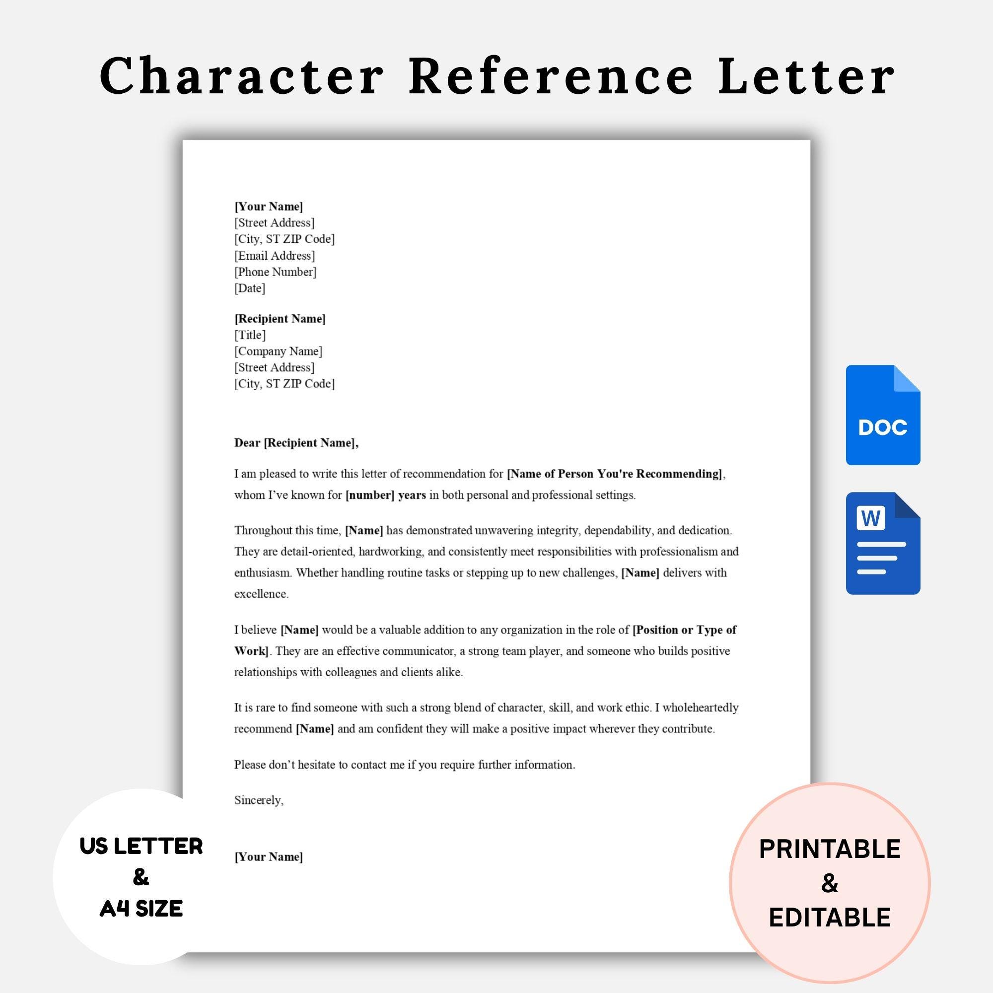Editable Character Reference Letter Template: Google Docs & Word ...
