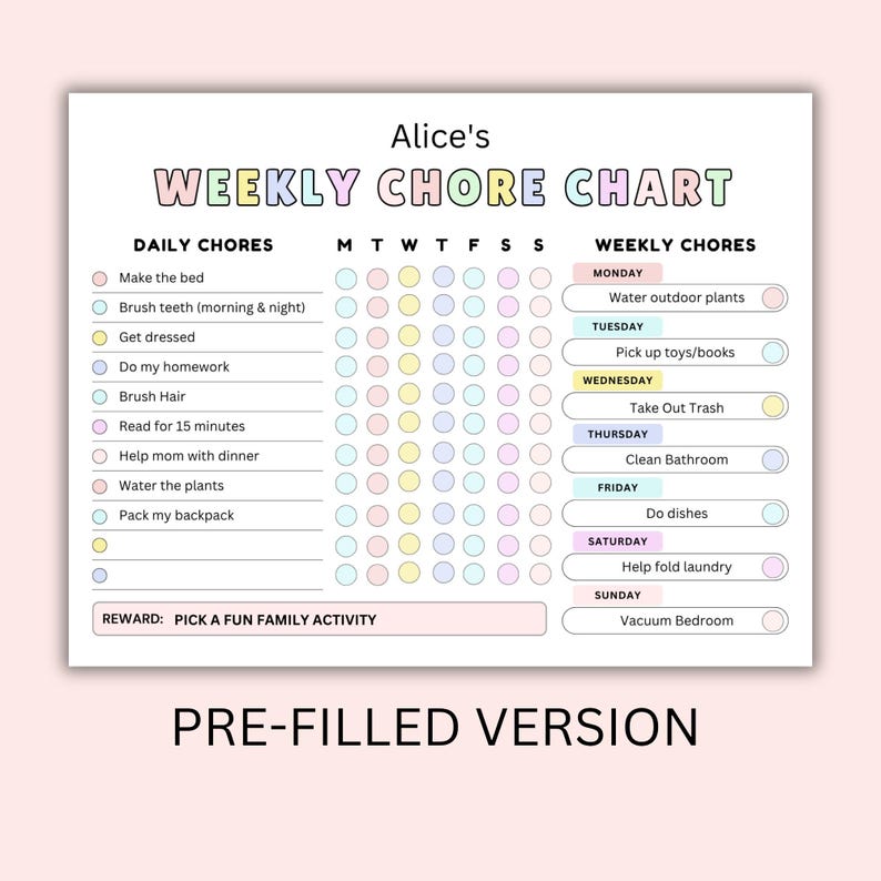 Editable Chore Chart for Kids, Printable Daily Weekly Responsibility ...