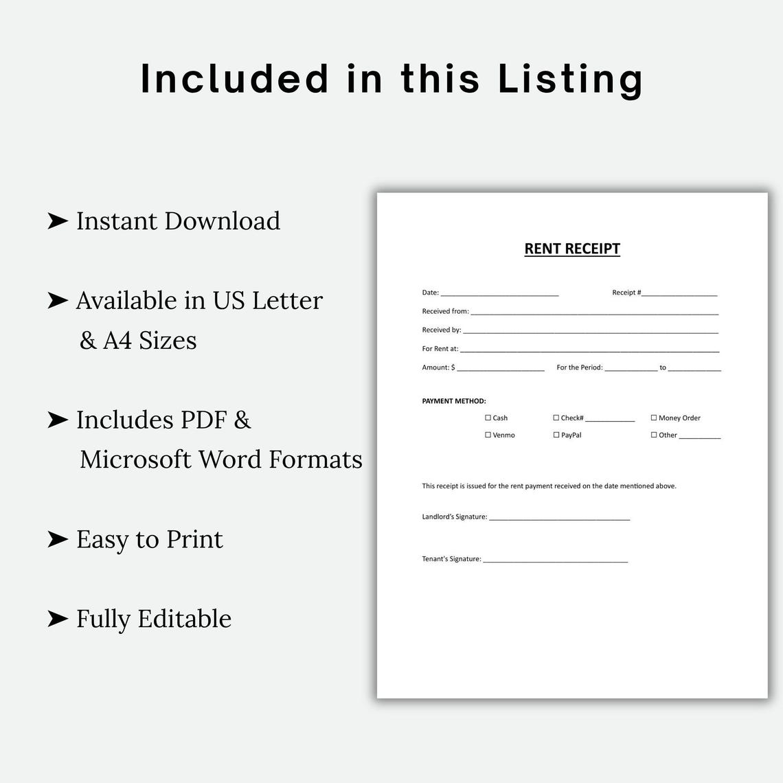 Editable Rent Receipt Template: Landlord Tenant Form (PDF & Word) - Etsy