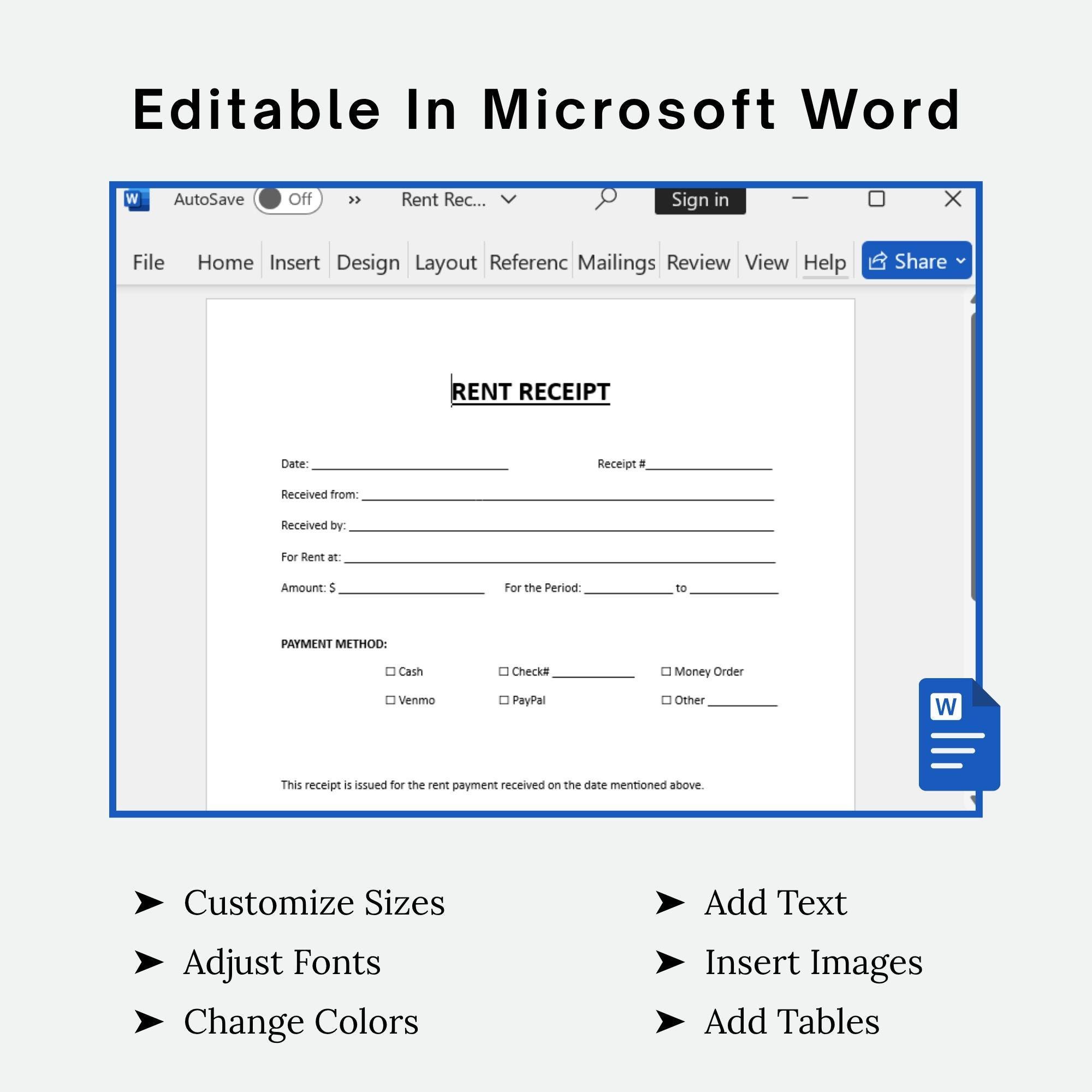 Editable Rent Receipt Template: Landlord Tenant Form (PDF & Word) - Etsy