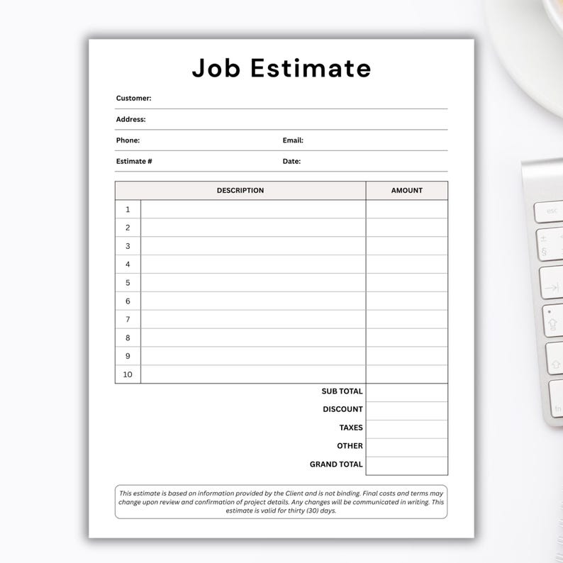 Job Estimate Template, Work Estimate Template, Editable Job Estimate ...