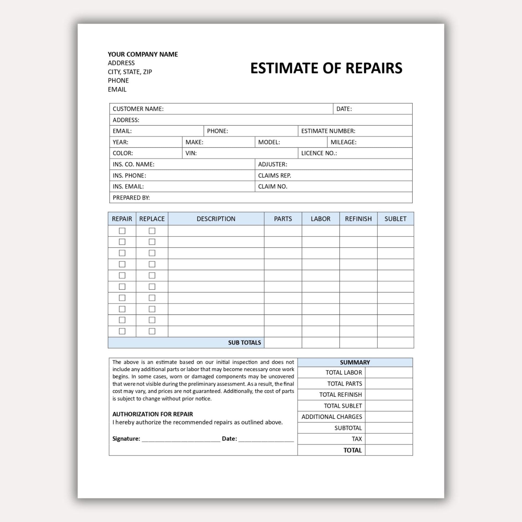 Editable Auto Repair Estimate Template. Automotive Service Invoice ...
