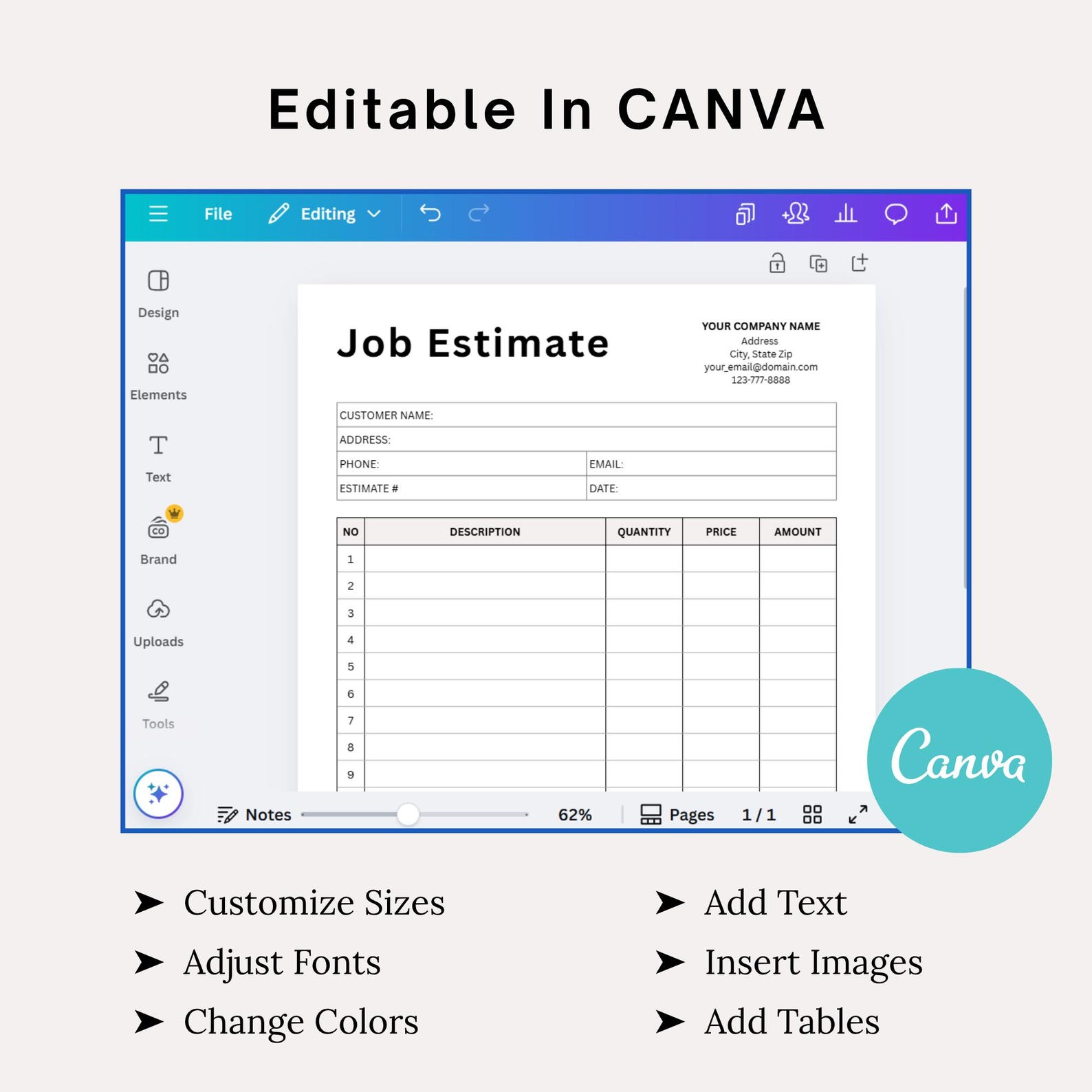 Editable Job Estimate Template: Contractor Bid Sheet (canva Template ...