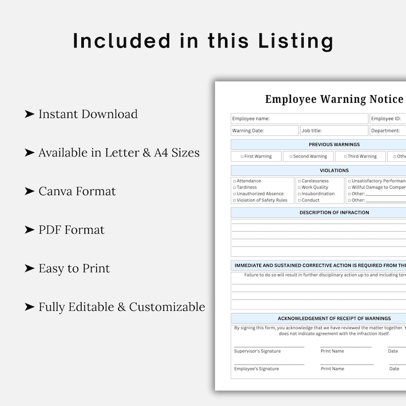 Employee Warning Notice Printable: Editable HR Form (PDF & Canva ...