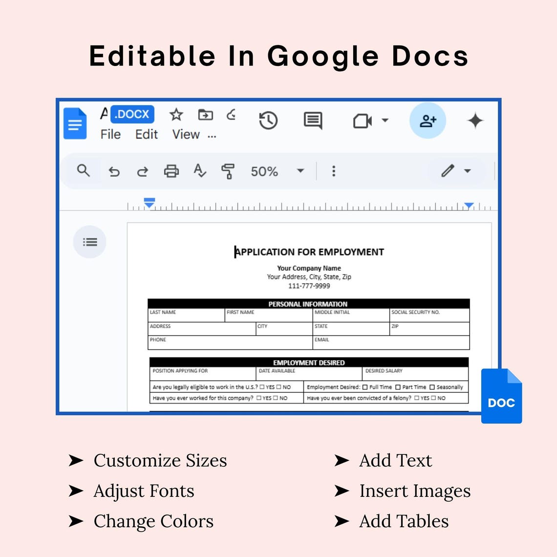 Editable Job Application Template: Google Docs & MS Word (instant ...