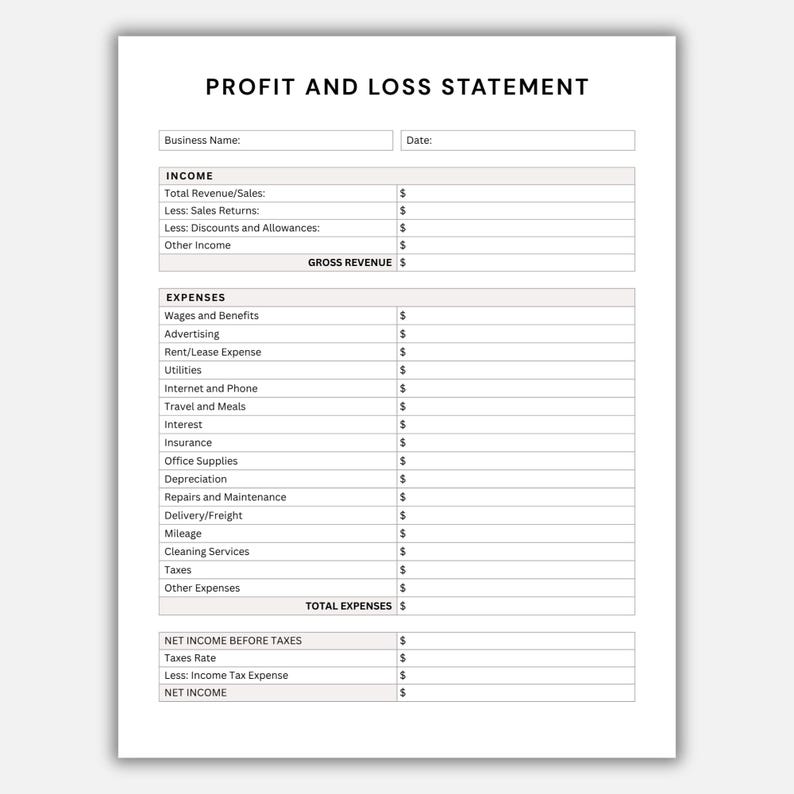 Printable Profit and Loss Statement Template, Profit Calculator ...