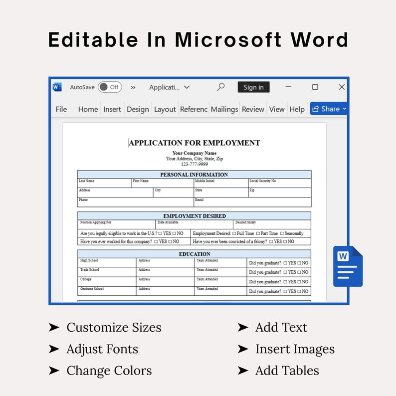 Application for Employment Form Editable | Job Application Template ...