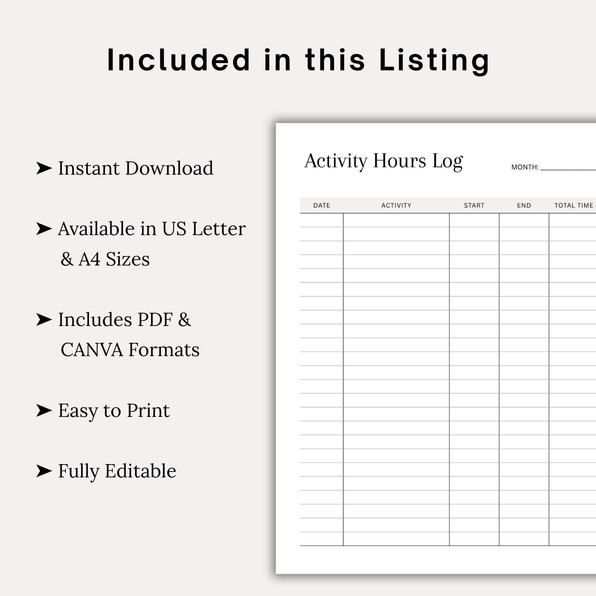 Work Hours Log Printable: Time Tracker, PDF & Canva Template - Etsy