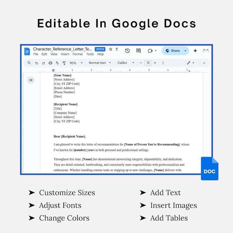 Editable Character Reference Letter Template: Google Docs & Word ...