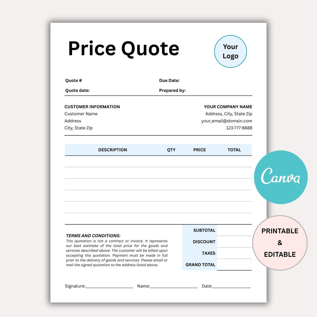 Editable Quote Template, Quote Form, Small Business Invoice Order Form ...