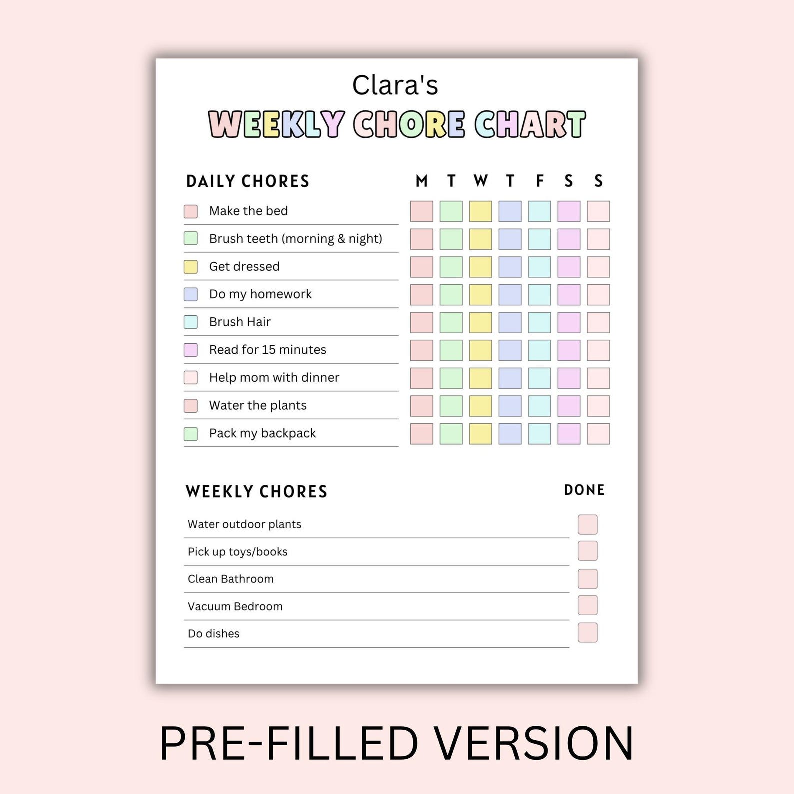 Weekly Chore Chart for Kids EDITABLE, Kids Daily Responsibility Chart ...