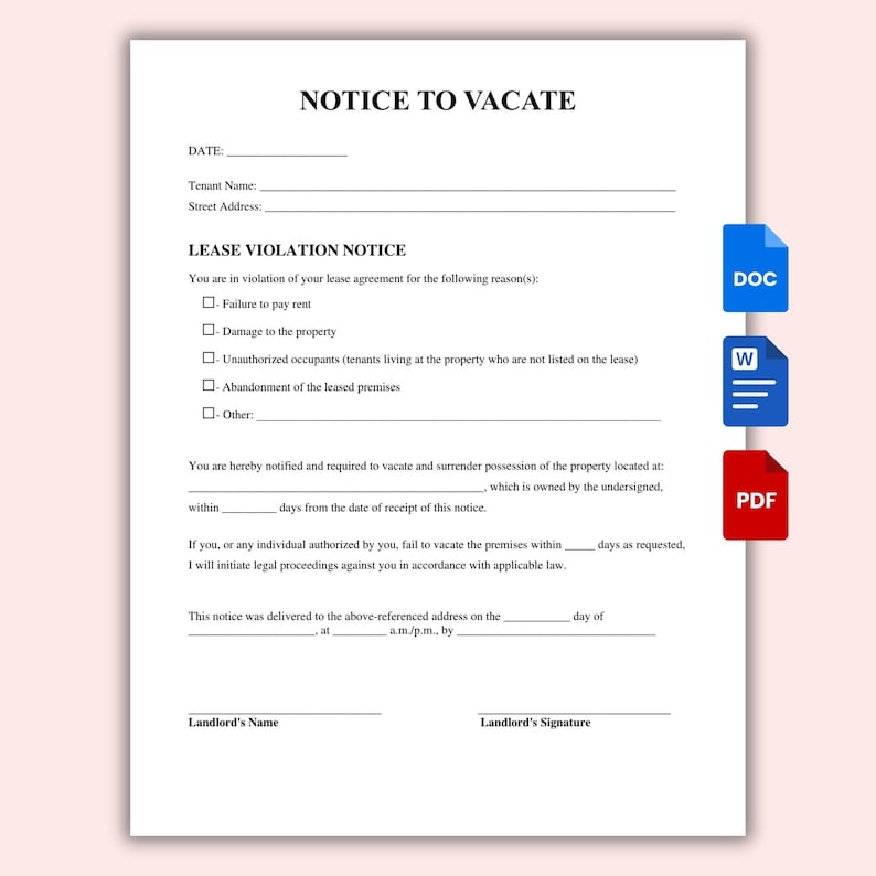 Notice to Vacate Editable | Eviction Letter Notice Template Printable | Landlord Notice to ...