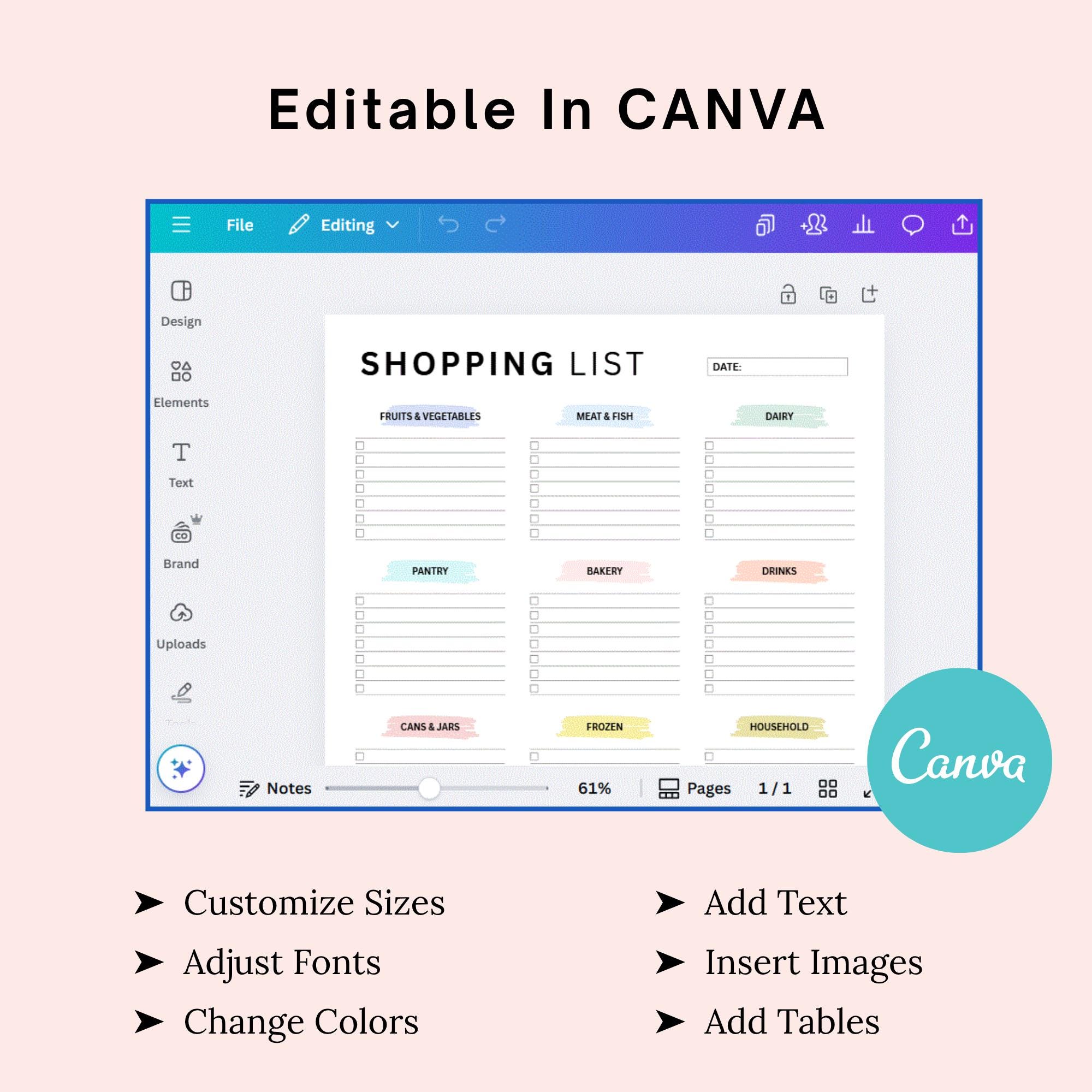 Weekly Grocery List Printable: Editable Canva Template (a4/a5/letter ...