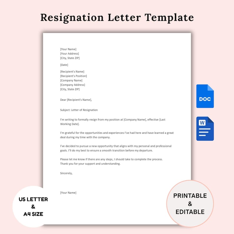 Editable Resignation Letter Template: Google Docs & MS Word (digital ...