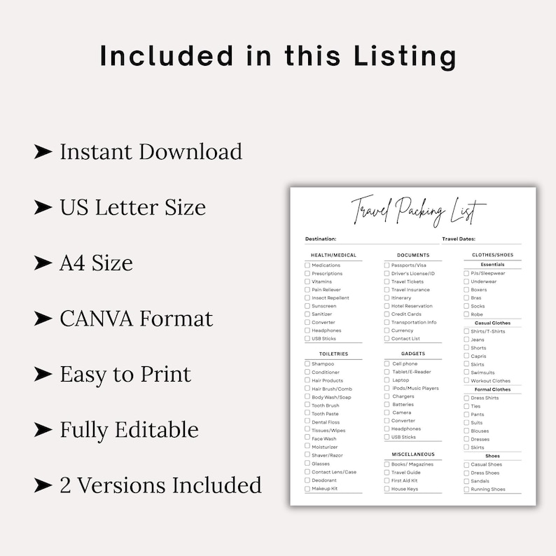 Travel Packing List: Vacation Planner, Checklist Canva & PDF - Etsy Canada