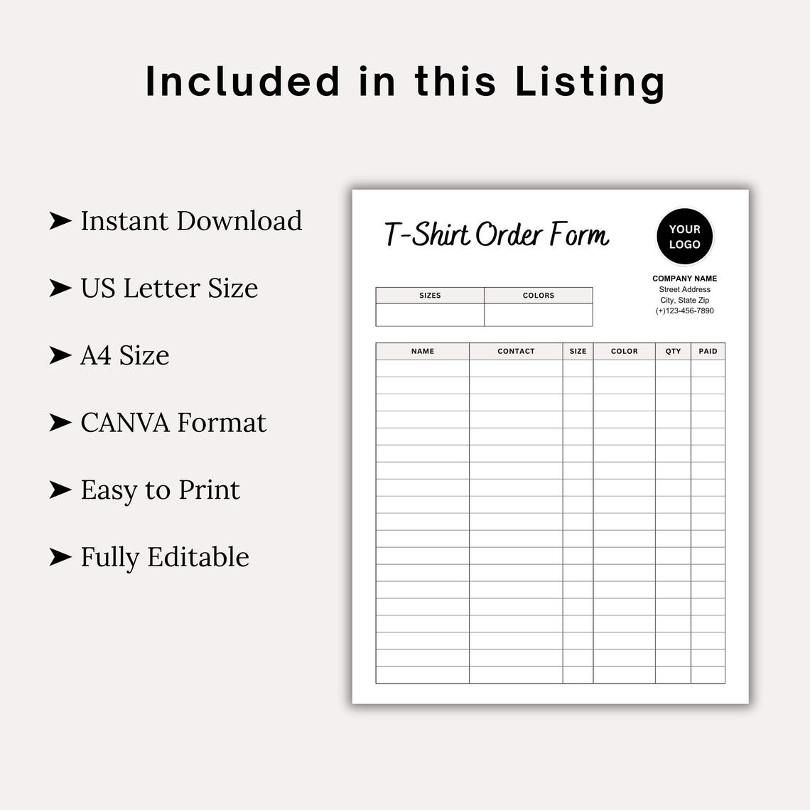 Editable T-shirt Order Form: Printable Custom Shirt Sheet (canva ...