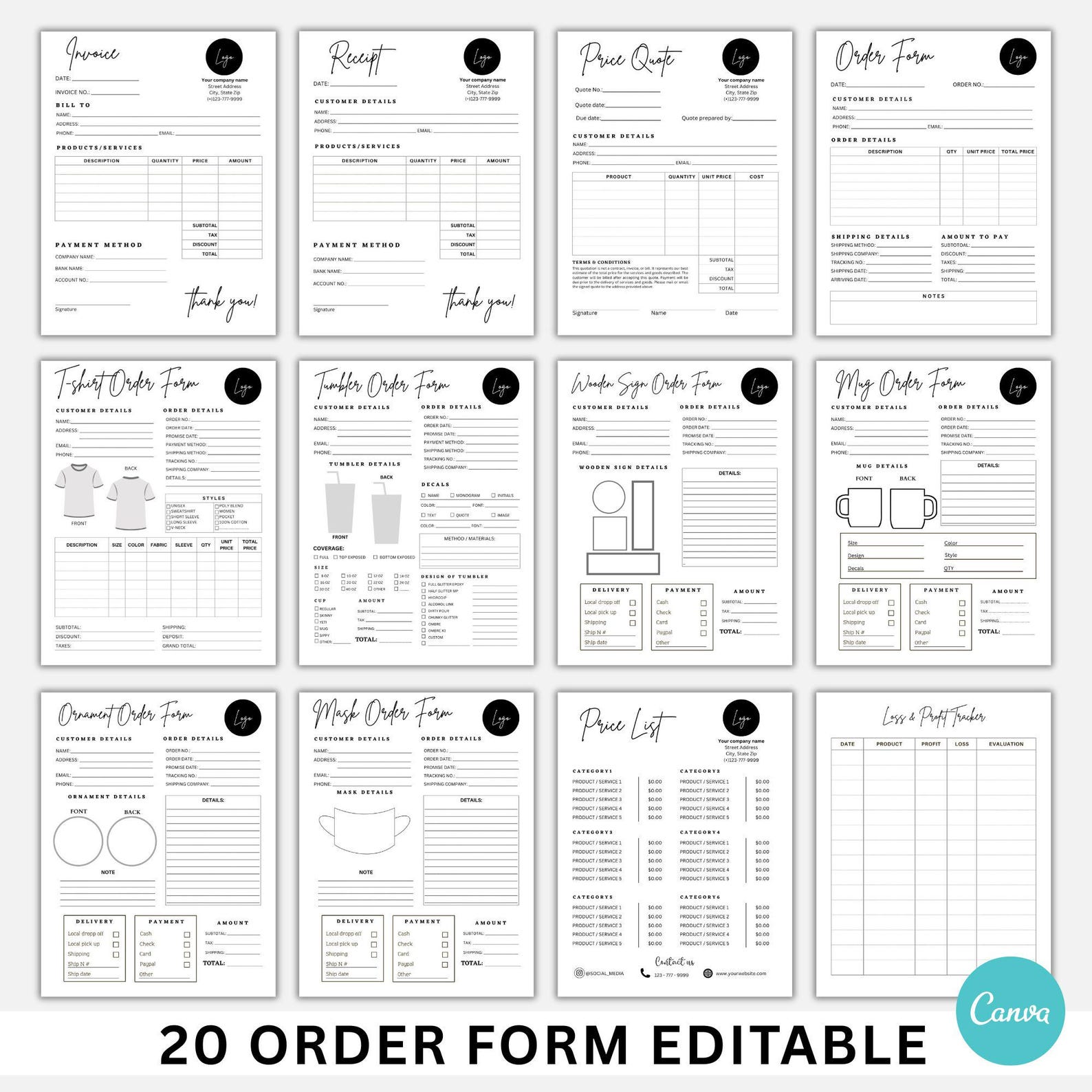 Editable Order Form Templates: Small Business Invoice, Canva (US Letter ...