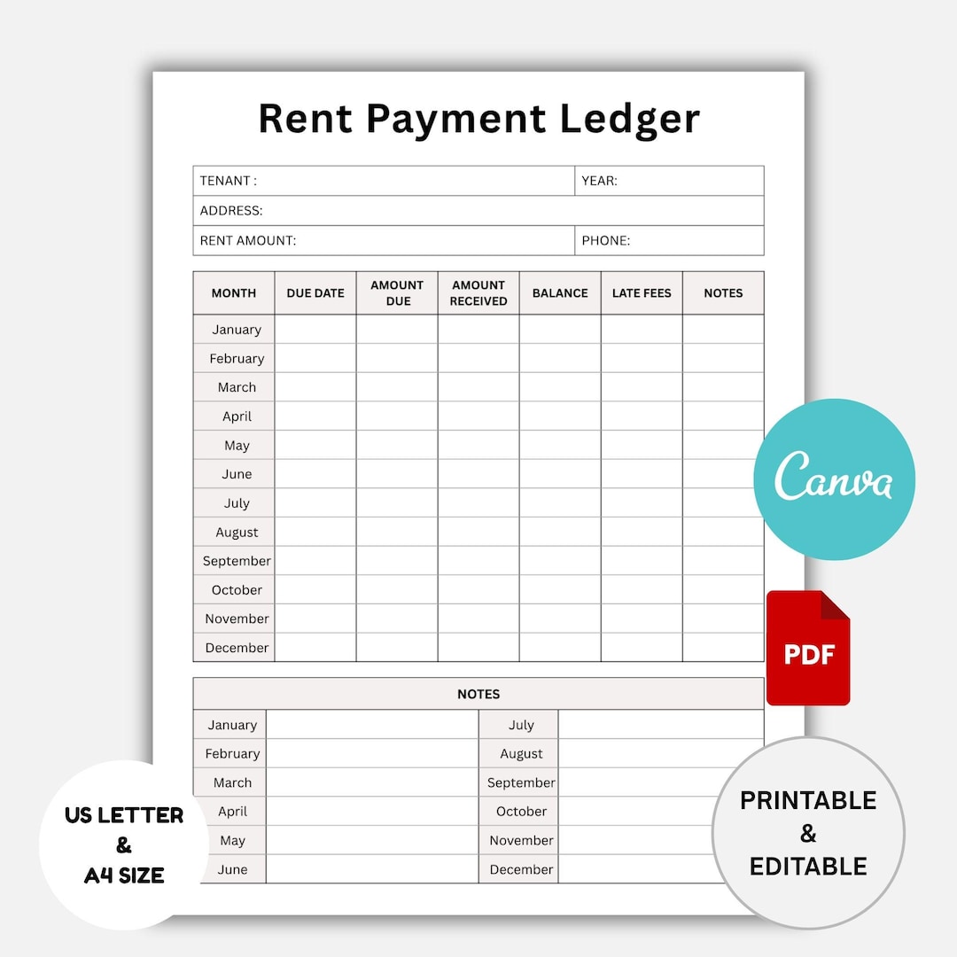 Printable Monthly Rent Payment Ledger: Landlord Rental Income Log (PDF ...