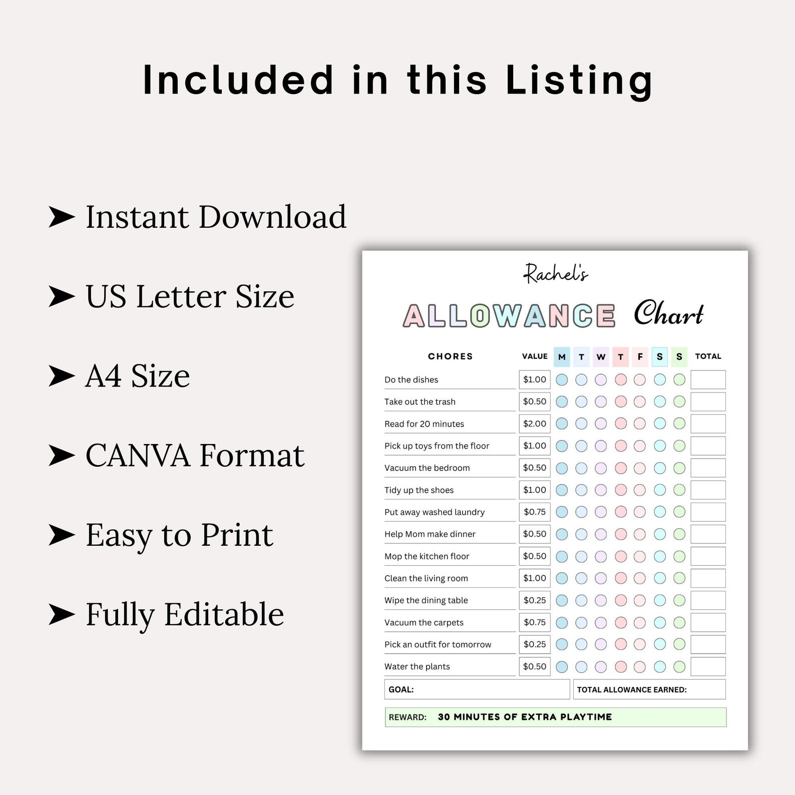 Editable Kids Chore Chart: Allowance Tracker, Responsibility Planner ...