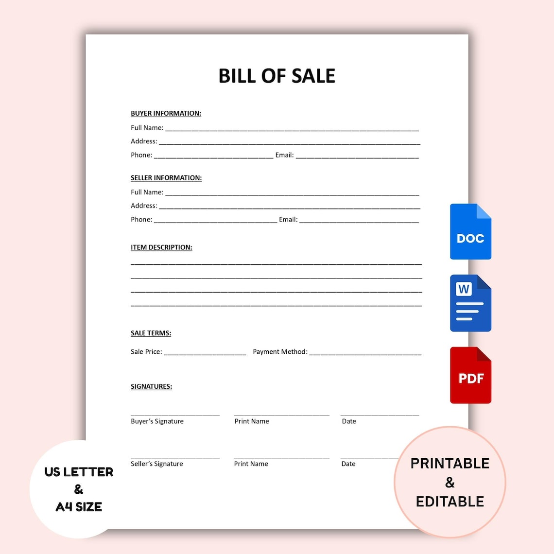 Printable Bill of Sale Template | Bill of Sale Form | Editable Sale ...