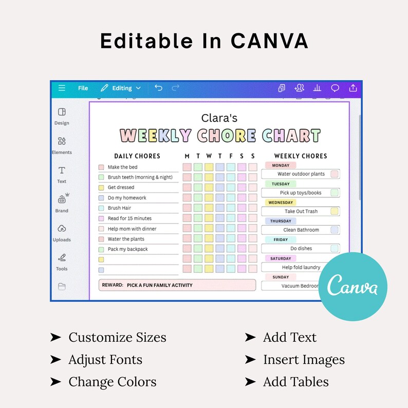 Editable Chore Chart for Kids, Daily & Weekly Routine Checklist, Kids ...