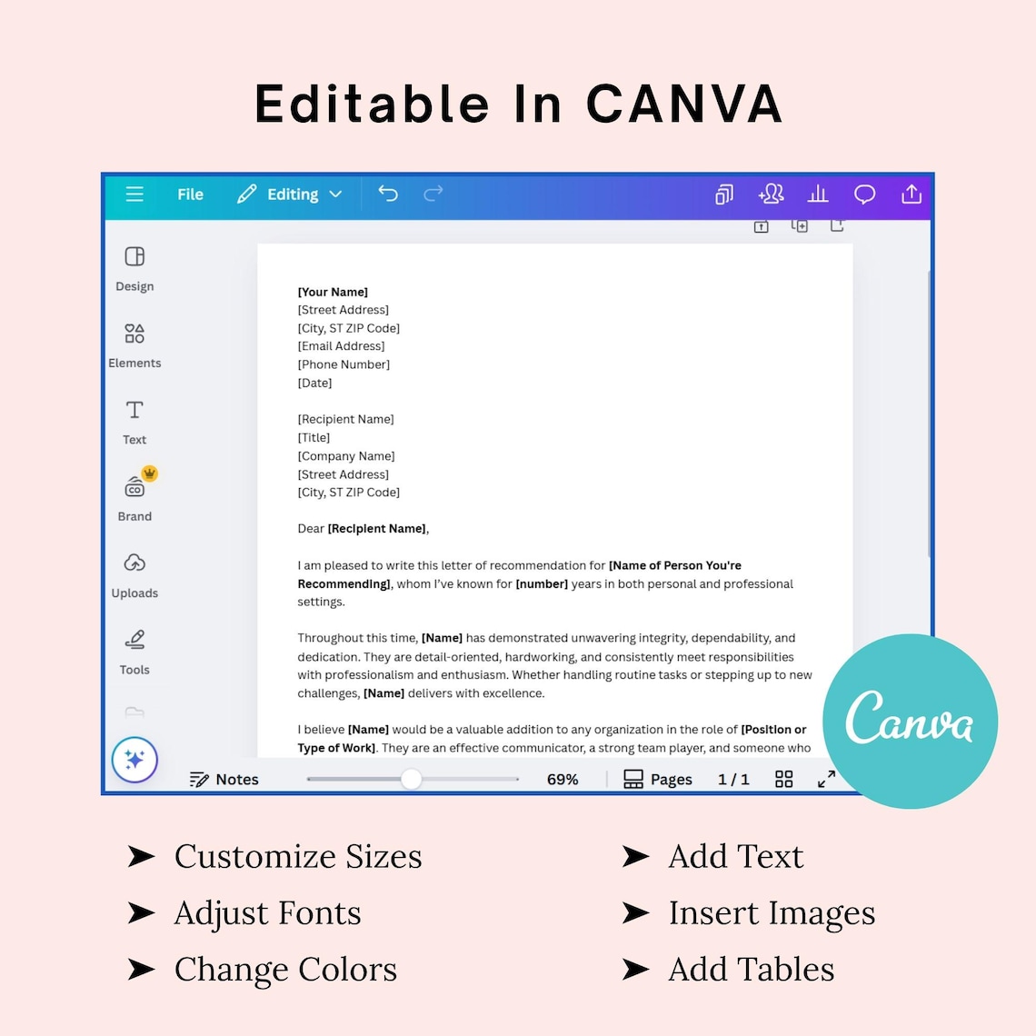 Editable Character Reference Letter Template: Printable Recommendation ...