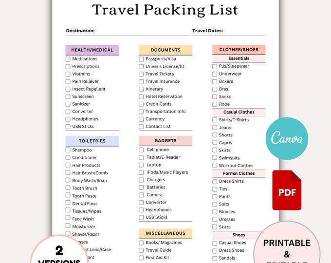 Travel Packing List | Compatible With Goodnotes, Notability Etc ...