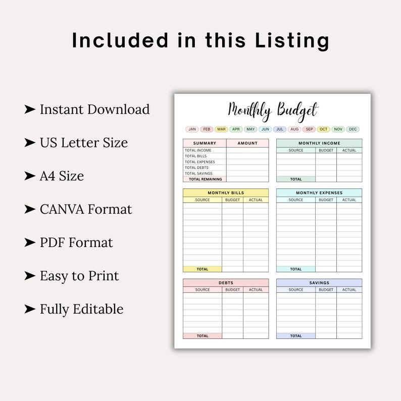 Monthly Budget Planner Template Printable PDF | Spending Tracker ...