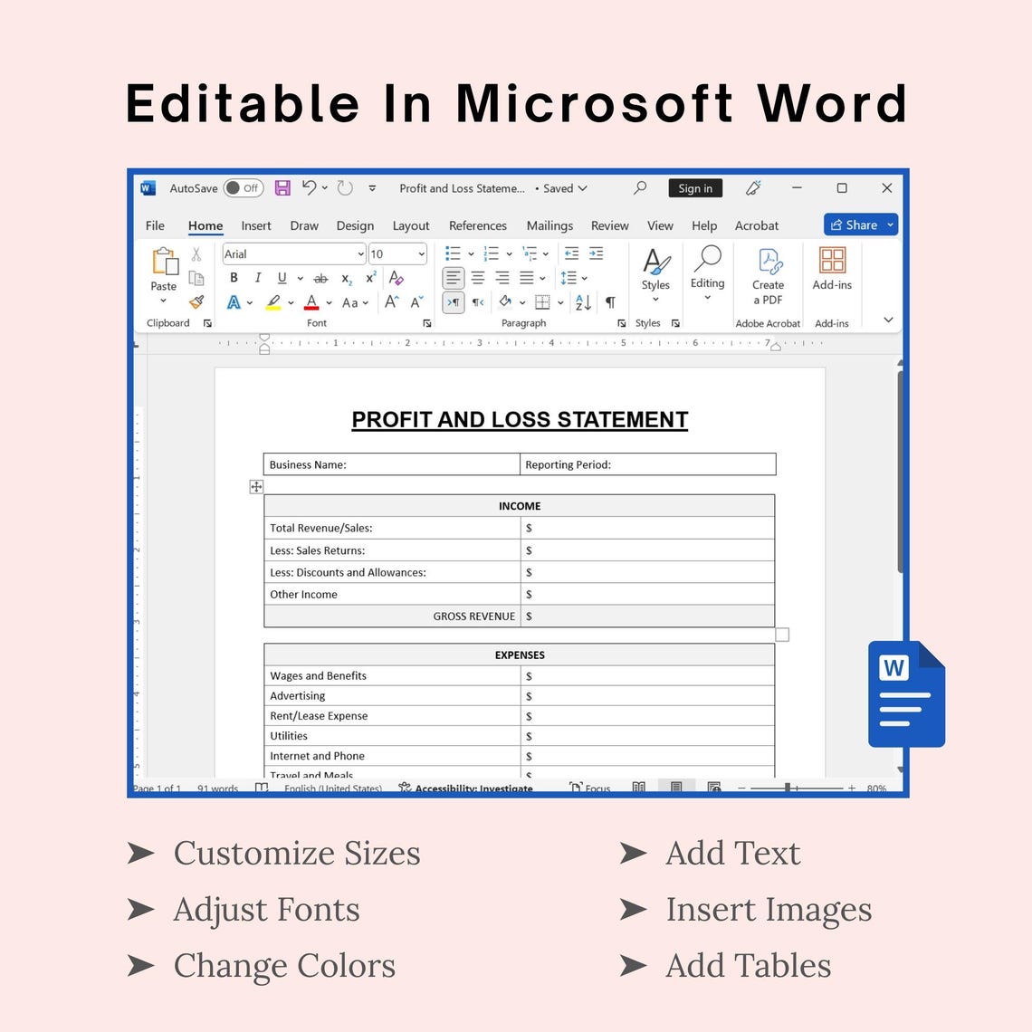 Editable Profit and Loss Statement Template: Business Budget Tracker ...