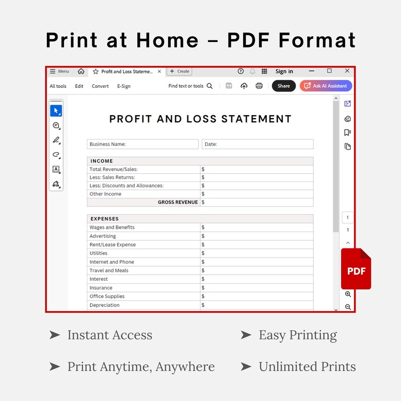 Printable Profit and Loss Statement Template, Profit Calculator ...