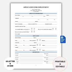 Editable Job Application Template: Microsoft Word, US Letter & A4 (digital Download) - Etsy