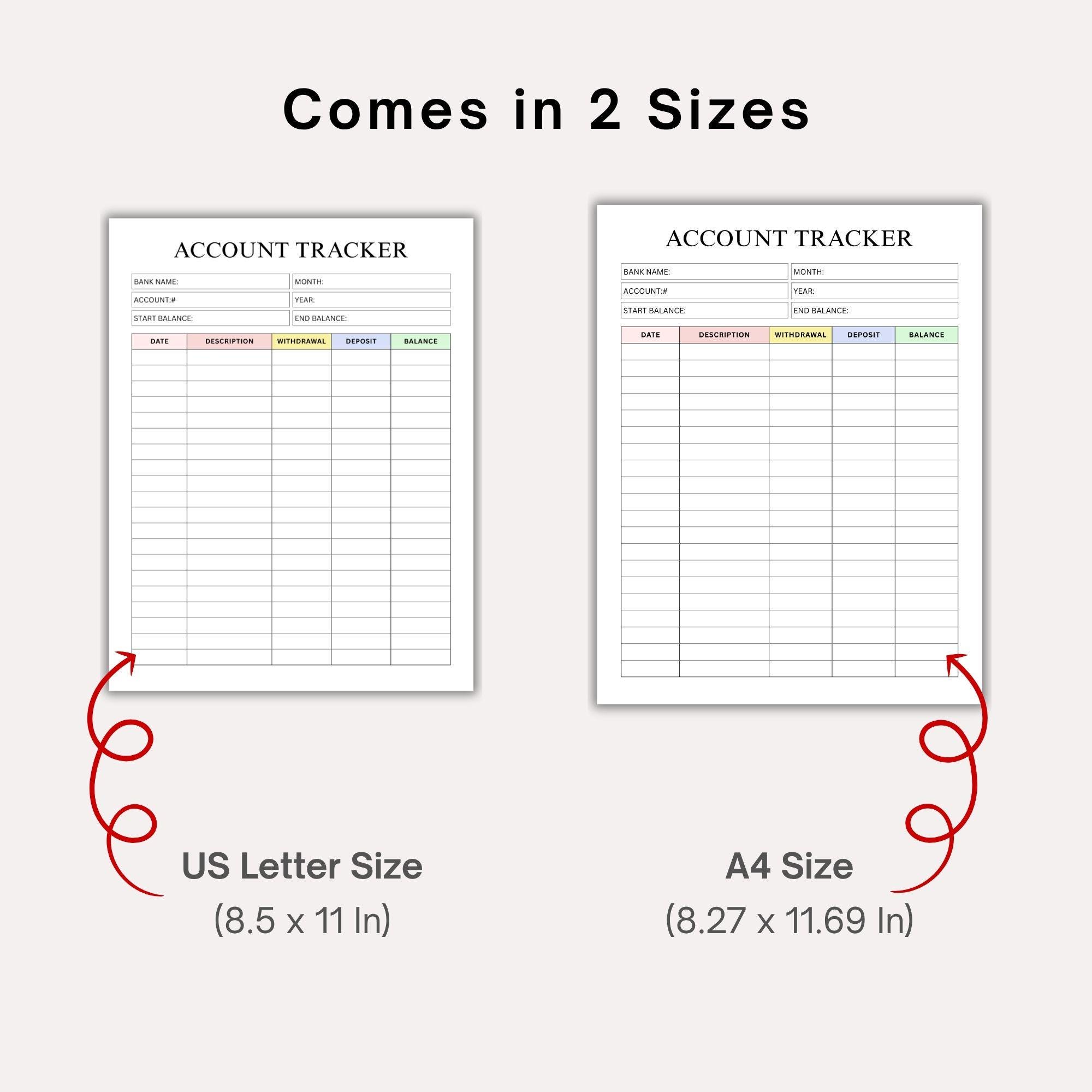 Printable Bank Balance Sheet: Finance Log, Savings Tracker (A4 & US ...