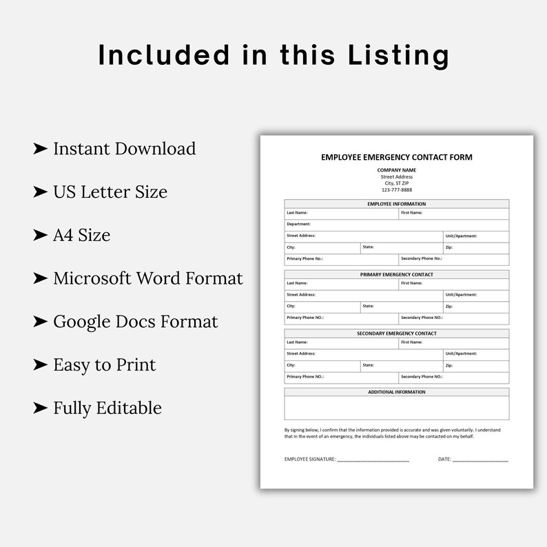 Employee Emergency Contact Form: Printable New Hire Template (word ...